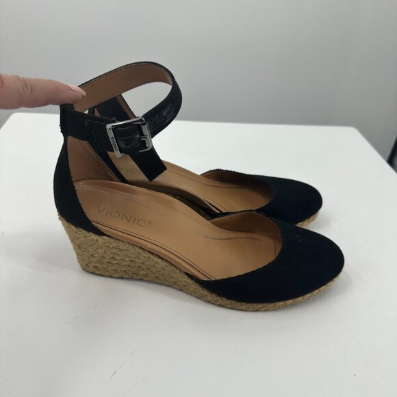 Vionic | Shoes | Vionic Wedge Espadrille Black Ankle Strap Heels Womens ...